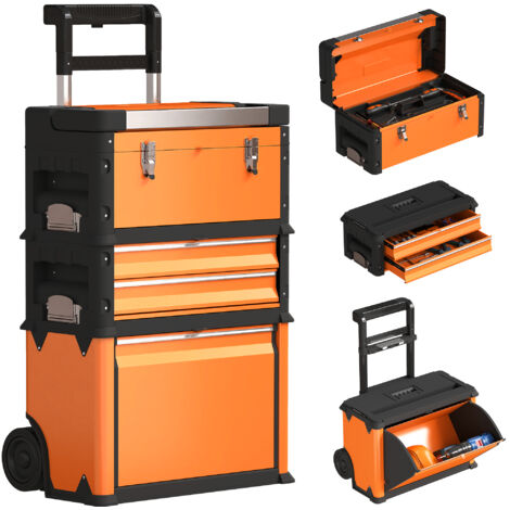 HOMCOM 3-Tier Tool Box with Wheels, Stackable Steel Toolbox, Orange
