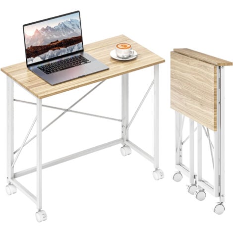HOMCOM Folding Desk on Wheels, Writing Table for Home Office, Natural