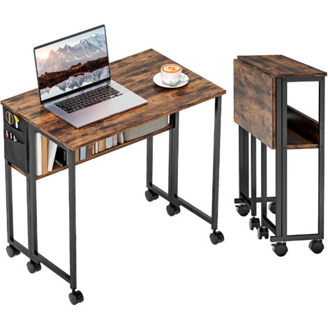 HOMCOM 80 cm Foldable Computer Desk on Wheels for Small Spaces Rustic Brown