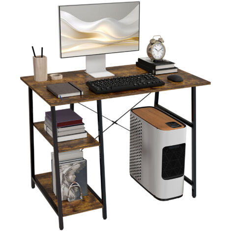 HOMCOM 120cm Computer Table with Shelves and Steel Frame, Rustic Brown