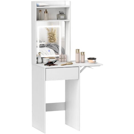 HOMCOM Compact Dressing Table with Lighted Mirror Open Shelves Drawer White