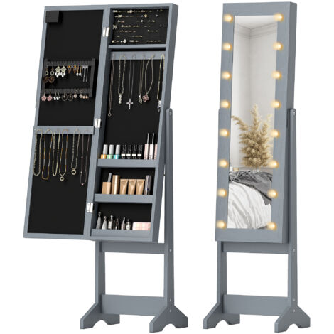 HOMCOM Freestanding LED Mirrored Jewelry Cabinet Grey