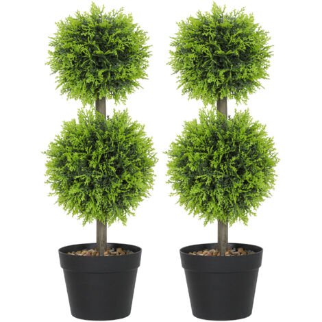 HOMCOM Set of 2 Artificial Topiary Cypress Ball Trees with Pot and Pebbles