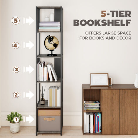 HOMCOM 5-Tier Bookshelf, Freestanding Display Storage Unit, Grey