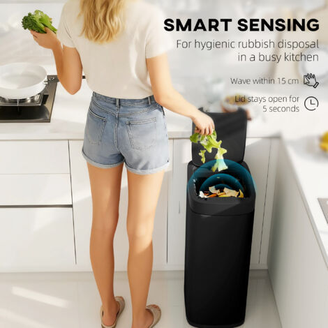 HOMCOM 50L Sensor Bin, Touchless Kitchen Bin, Battery Operated, Black