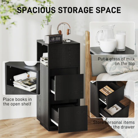 HOMCOM Slim Bedside Table, Bedside Cabinet with Open Shelf and 2 Drawers