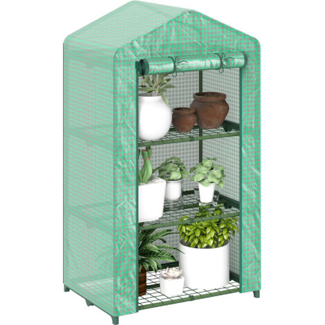 Outsunny 3 Tier Mini Greenhouse Grow House w/ Roll Up Door, Green