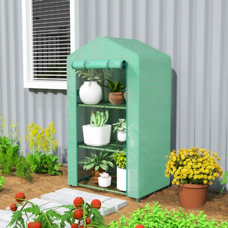 Outsunny 3 Tier Mini Greenhouse Grow House w/ Roll Up Door, Green