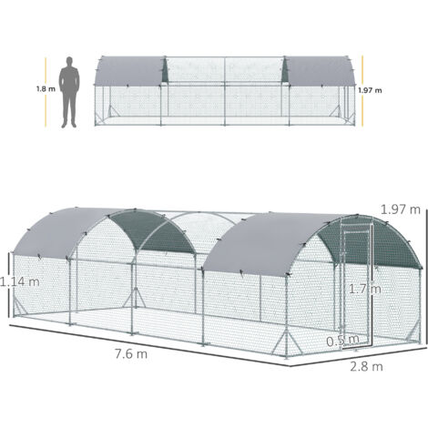 PawHut Walk-In Chicken Run Galvanised Chicken Coop w/ Covers 7.6 x 2.8 x 2m