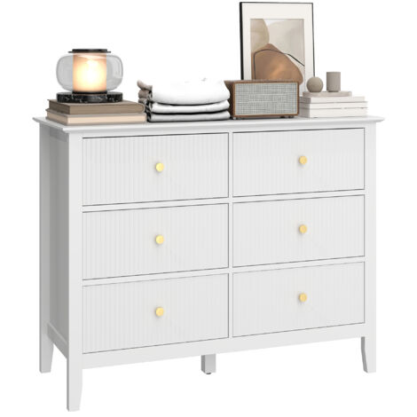 HOMCOM Fluted Chest of Drawers 6 Drawer Dresser for Bedroom Hallway White