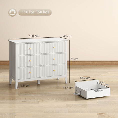 HOMCOM Fluted Chest of Drawers 6 Drawer Dresser for Bedroom Hallway White