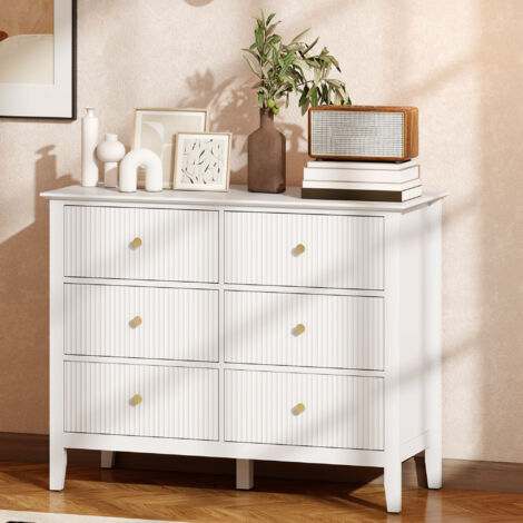 HOMCOM Fluted Chest of Drawers 6 Drawer Dresser for Bedroom Hallway White