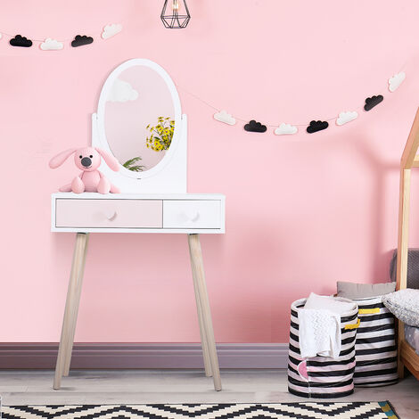 Kids Dressing Table w/ Mirror 2 Drawers Wood Legs Heart Handles Storage ...