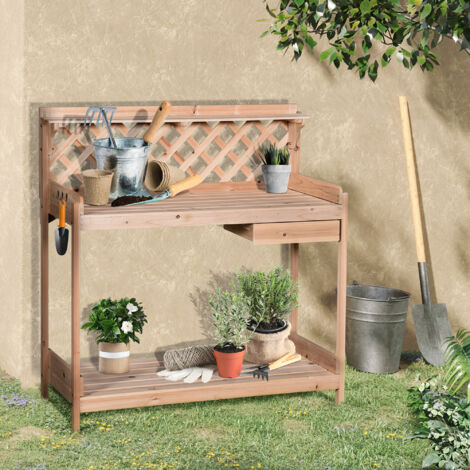 Outsunny Outdoor Wood Potting Table Garden Plant w/ Drawer, Hook ...