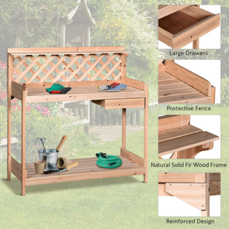Outsunny Outdoor Wood Potting Table Garden Plant w/ Drawer, Hook ...