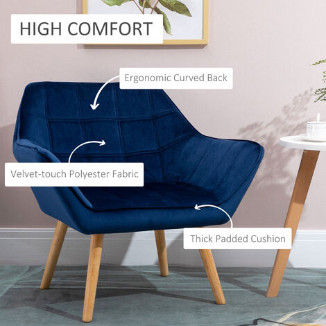 HOMCOM Modern Velvet Accent Chair w/ Wide Arms Slanted Back Wood Legs Blue