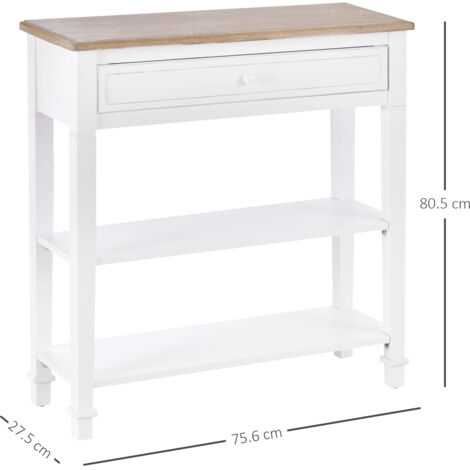 HOMCOM 80x75cm Console Table w/ Drawer 2 Shelves Worktop Handle Retro White