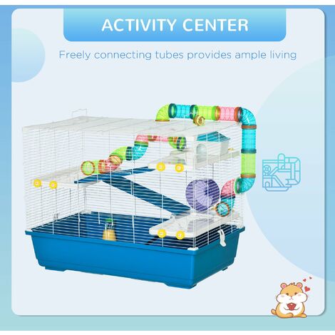 PawHut Large Hamster Cage w/ Water Bottle, Exercise Wheel, Ramps - Blue
