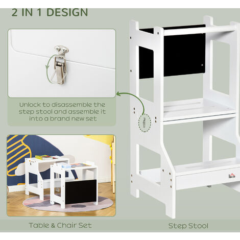 HOMCOM 2 in 1 Kids Kitchen Step Stool Helper with Safety Rail, White