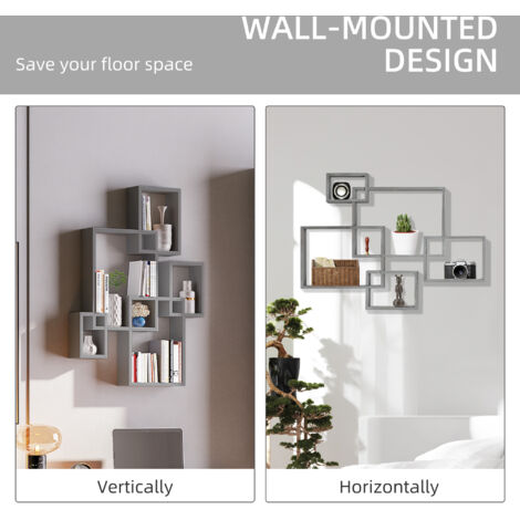 HOMCOM Floating Shelves, Interlocking Cube Shelves for Decoration Grey