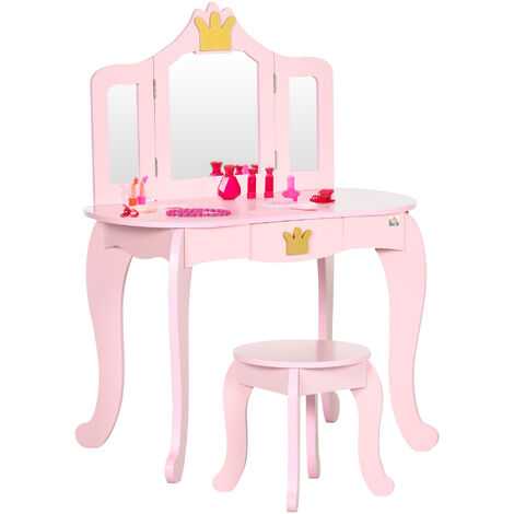 HOMCOM Kids Dressing Table with Mirror and Stool Kids Vanity Table - Pink