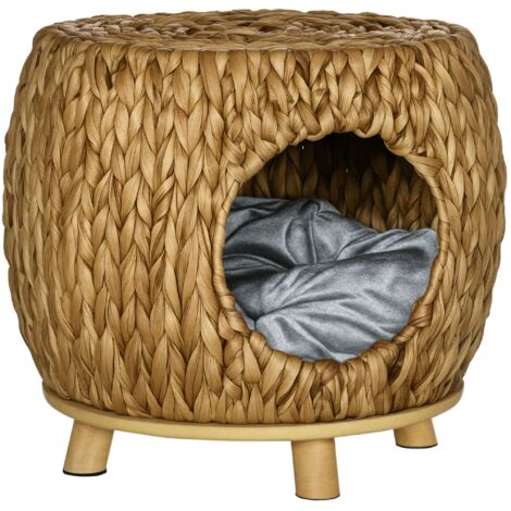 PawHut Rattan Cat House Stool for Rest w/ Soft Cushion 44 x 43 x 41cm