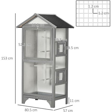 PawHut Wooden Bird Aviary Outdoor Bird Cage for Finch Canary Asphalt Roof Grey