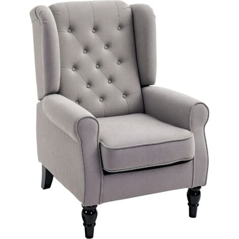 HOMCOM Accent Armchair Home Furniture Tufted Club Wood Fabric Grey