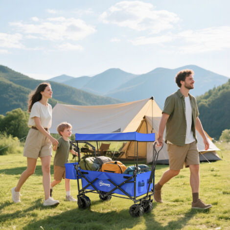 Outsunny Outdoor Push Pull Wagon Stroller Cart w/ Canopy Top Blue