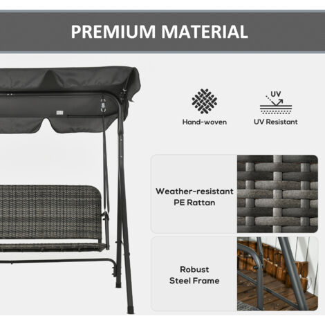 Outsunny 3-Seater Rattan Swing Chair, Hanging Bench w/ Stand, Adjustable Canopy