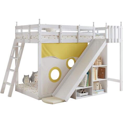 Letto a castello per bambini con scale e barriera, tende da letto ...
