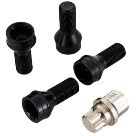 Juego de 4 pernos y tuercas de seguridad para ruedas de acero negro M14 x 1,5 mm con llave de ...
