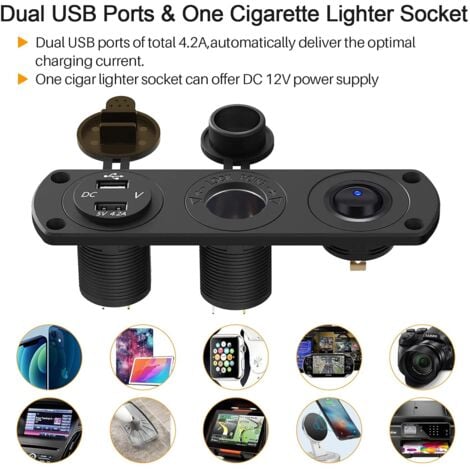 Panel de enchufes para cargador de coche con dos puertos USB, divisor de enchufe para encendedor ...