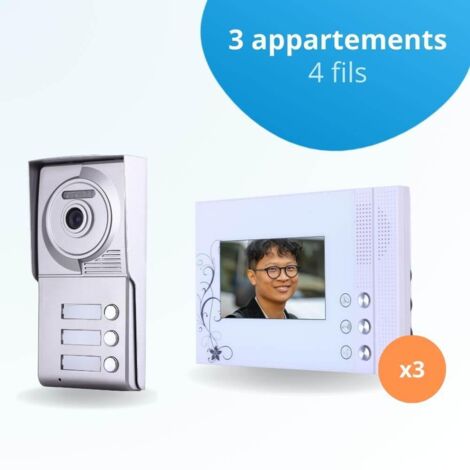 Portier interphone vidéo CLASSIC 4 Fils - 3 appartements - 3 écrans blancs