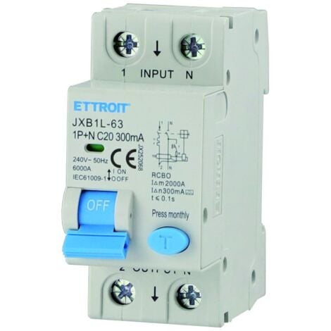 INTERRUTTORE MAGNETOTERMICO DIFFERENZIALE 1P+N, 2 MODULI, 230Vac, 20A, 300mA, 6KA, classe A ...