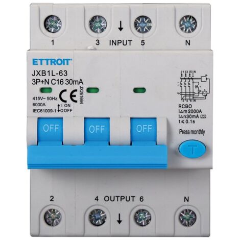 Interruttore Magnetotermico Differenziale Tipo A Curva C 3P+N 4M 6000A 30mA C16A AC 400V