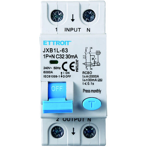 INTERRUTTORE MAGNETOTERMICO DIFFERENZIALE SALVAVITA PER BARRA DIN 2 MODULI 1P+N 32A C32 240V ...