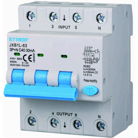 INTERRUTTORE MAGNETOTERMICO DIFFERENZIALE SALVAVITA PER BARRA DIN 4 MODULI 3P+N 40A C40 380V ...