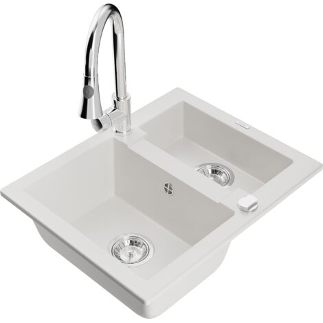 Mexen Carlos 1,5-Becken-Granitspüle mit Mischbatterie Elia, Weiß - 6518 ...