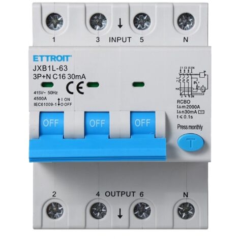 INTERRUPTOR MAGNETOTÉRMICO DIFERENCIAL PARA CARRIL DIN 4 MÓDULOS 3P+N 16A C16 380V 30mA 6KA