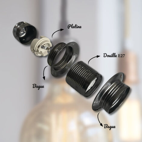 Douille métal E27 filetée noir chromé, double bague - Tibelec
