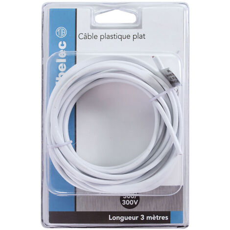 Câble électrique plat blanc, long. 3m, H03VVH2-F, 2x0.75mm2 - Tibelec