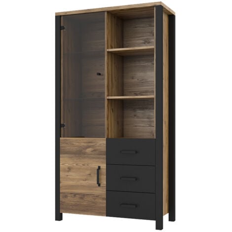 Geschirrschrank Lyam mit 3 Schubladen und 2 Türen, Holzoptik und Schwarz, 191cm