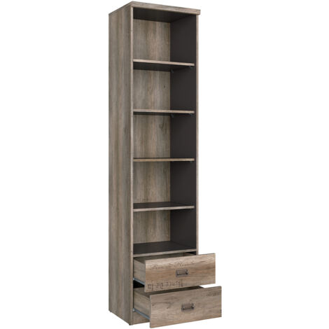 Bücherregal Abel mit 2 Schubladen, Holzoptik und Grau, 205cm