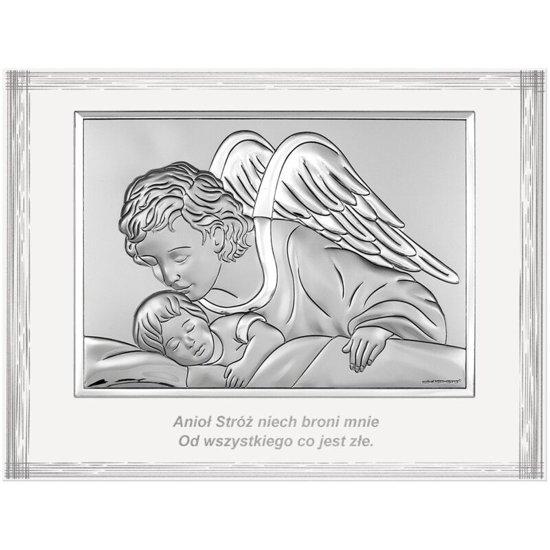 Imagen plateada moderna de un ángel de la guarda encima de la cama con ...