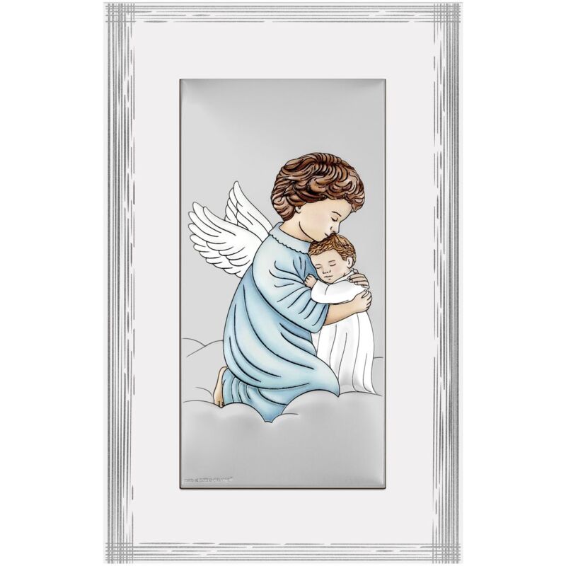 Imagen de un ángel guardián moderno plateado sobre una cama colorida ...