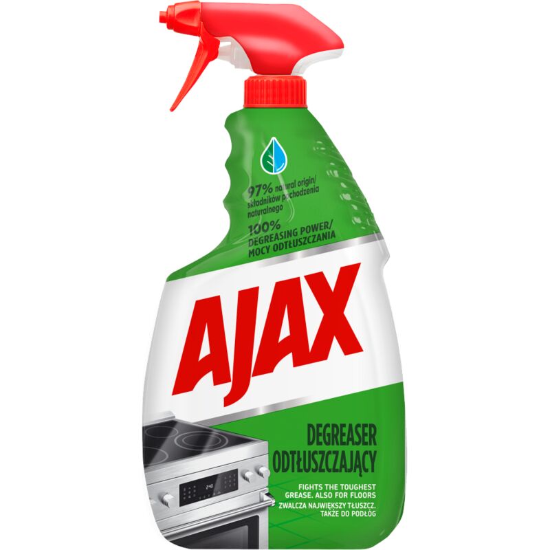 Desengrasante en spray Ajax 750 ml: fórmula vegetal para cocina y baño.