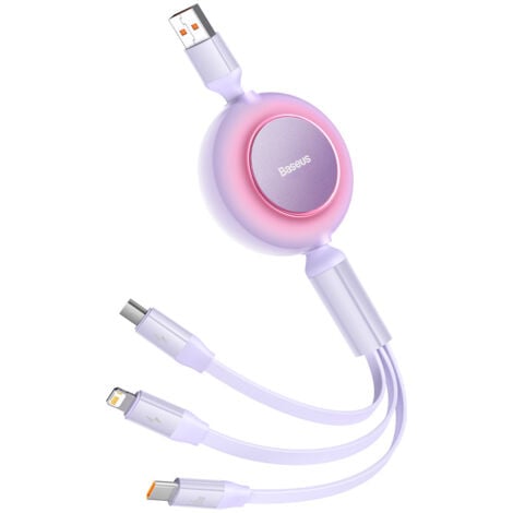 Cable retráctil 3 en 1 USB microUSB + Lightning Iphone + USB-C 66W 1,1m morado