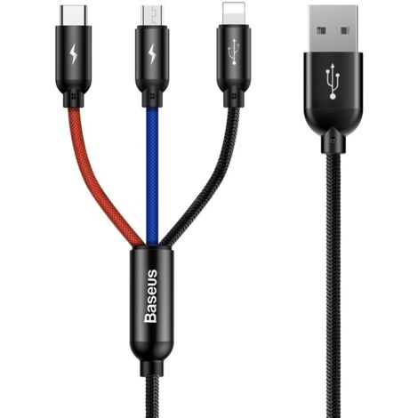 Cable USB 3 en 1 duradero para iPhone, microUSB, Lightning, USB-C, 3,5 A, 1,2 m, color negro