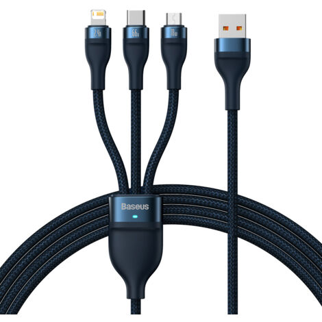 Cable 3 en 1 de carga rápida USB-A a USB-C microUSB Lightning 66W 480Mb/s 1,2m Azul